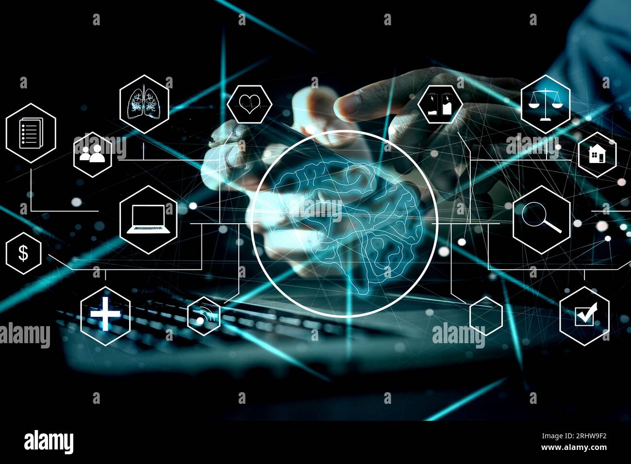 Artificial Intelligence AI, Internet of Things IoT. Business man using laptop computer on ...