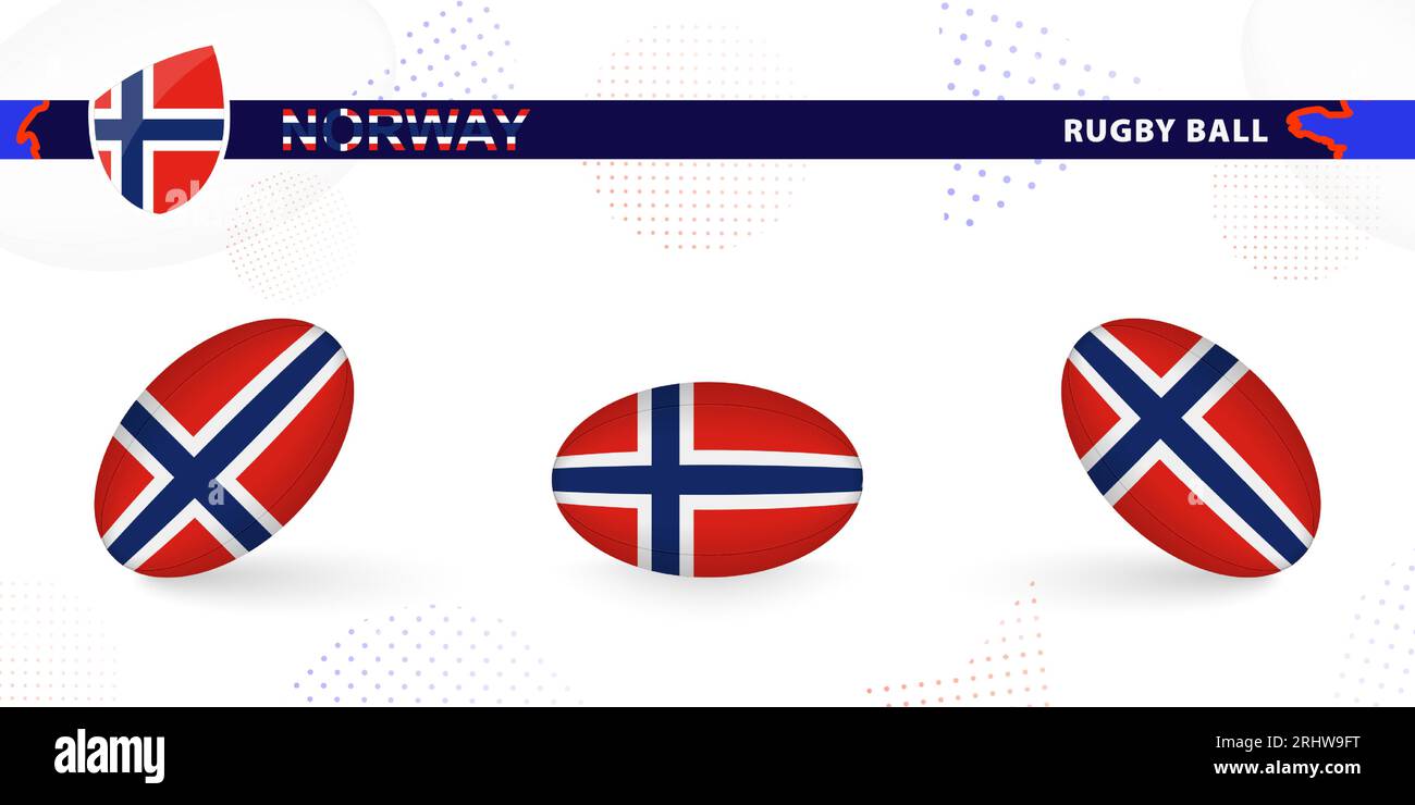 Rugby ball set with the flag of Norway in various angles on abstract ...