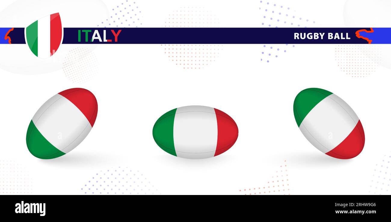 Rugby ball set with the flag of Italy in various angles on abstract ...