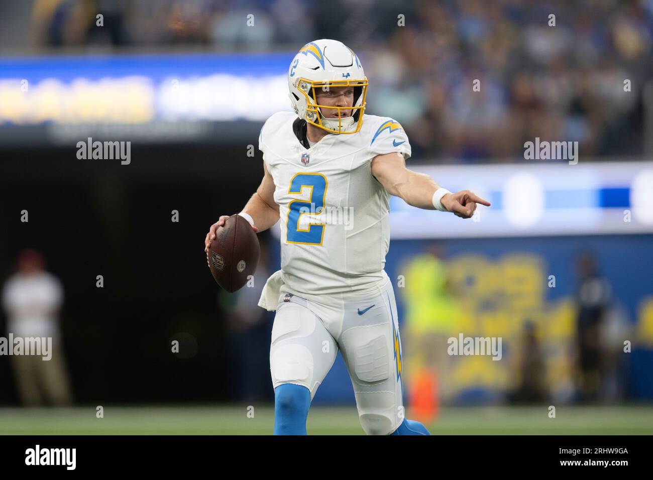 Los Angeles Chargers quarterback Easton Stick (2) runs with the ball ...