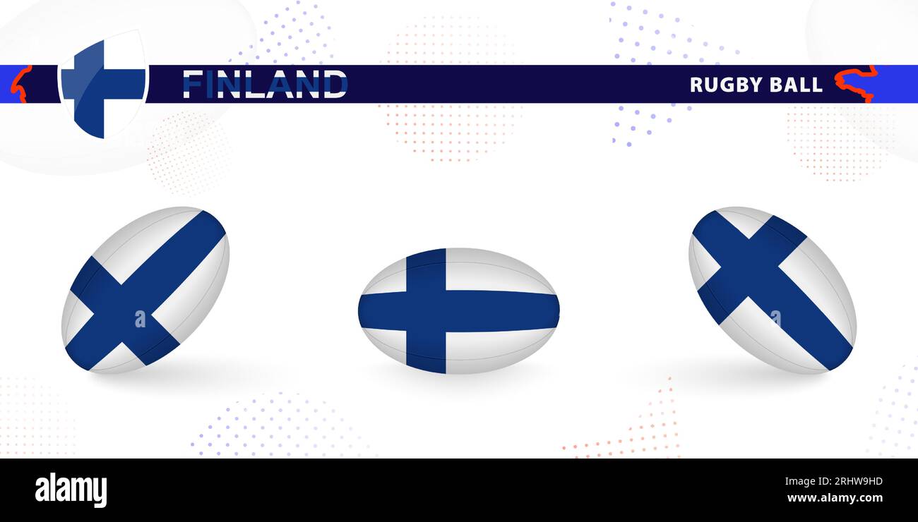 Rugby ball set with the flag of Finland in various angles on abstract ...