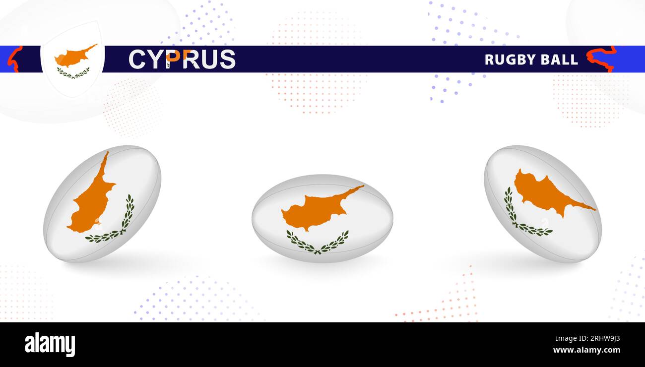 Rugby ball set with the flag of Cyprus in various angles on abstract ...