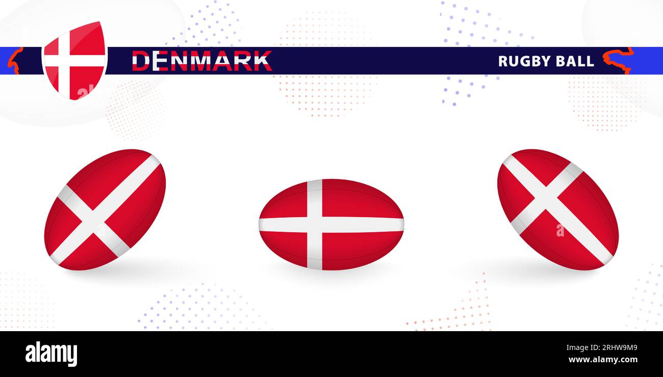 Rugby ball set with the flag of Denmark in various angles on abstract ...