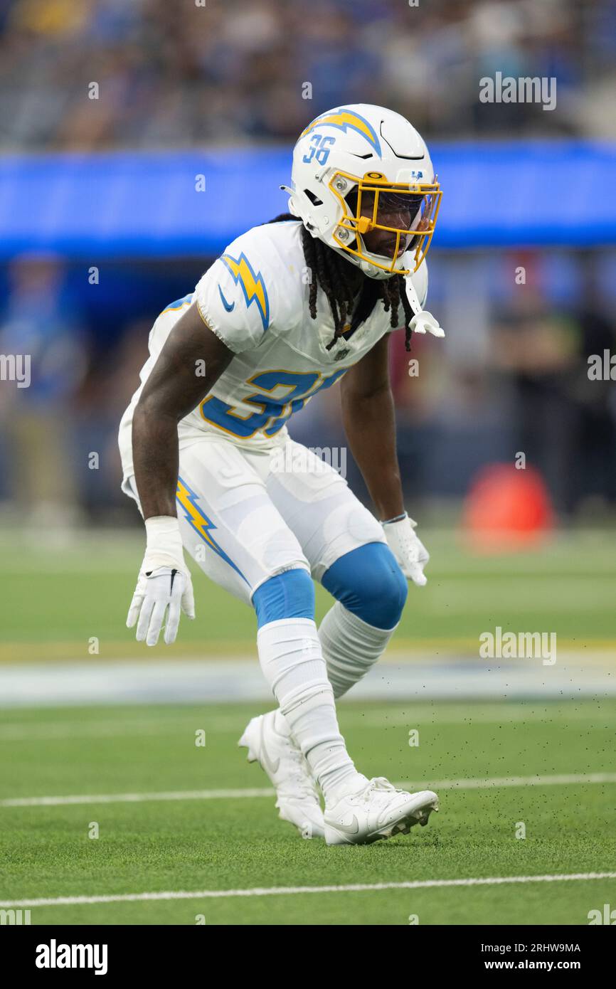 Los Angeles Chargers cornerback Ja'Sir Taylor (36) takes his stance ...