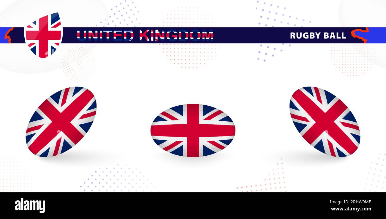 Rugby ball set with the flag of United Kingdom in various angles on ...