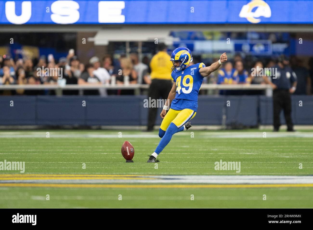 Los Angeles Rams place kicker Tanner Brown (49) kicks during an NFL ...