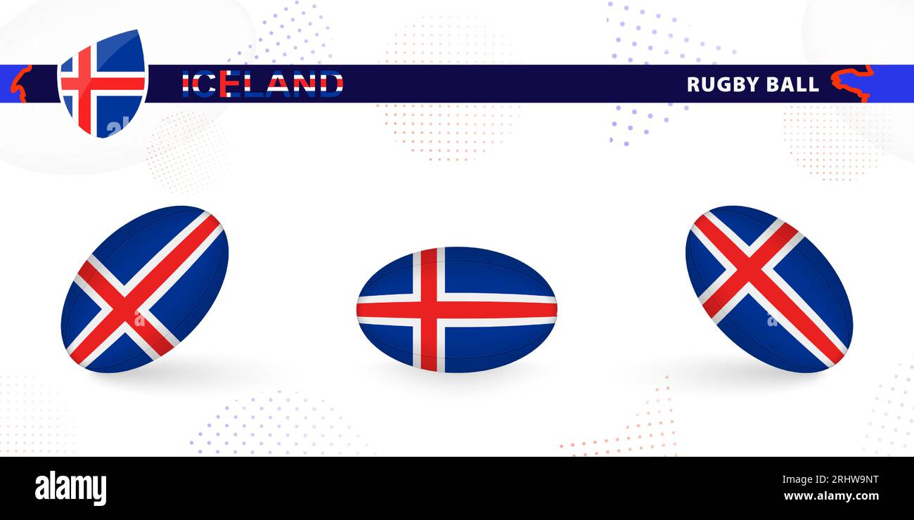 Rugby ball set with the flag of Iceland in various angles on abstract ...