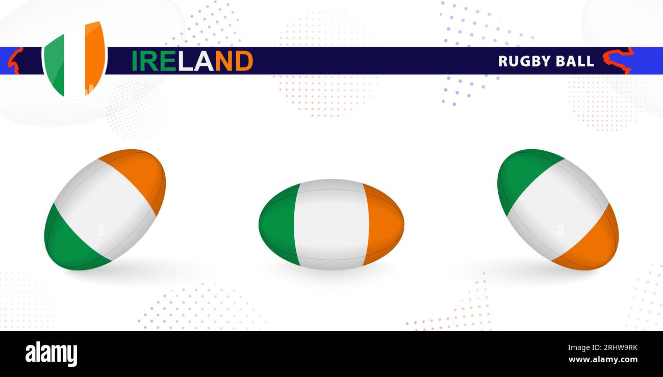 Rugby ball set with the flag of Ireland in various angles on abstract ...