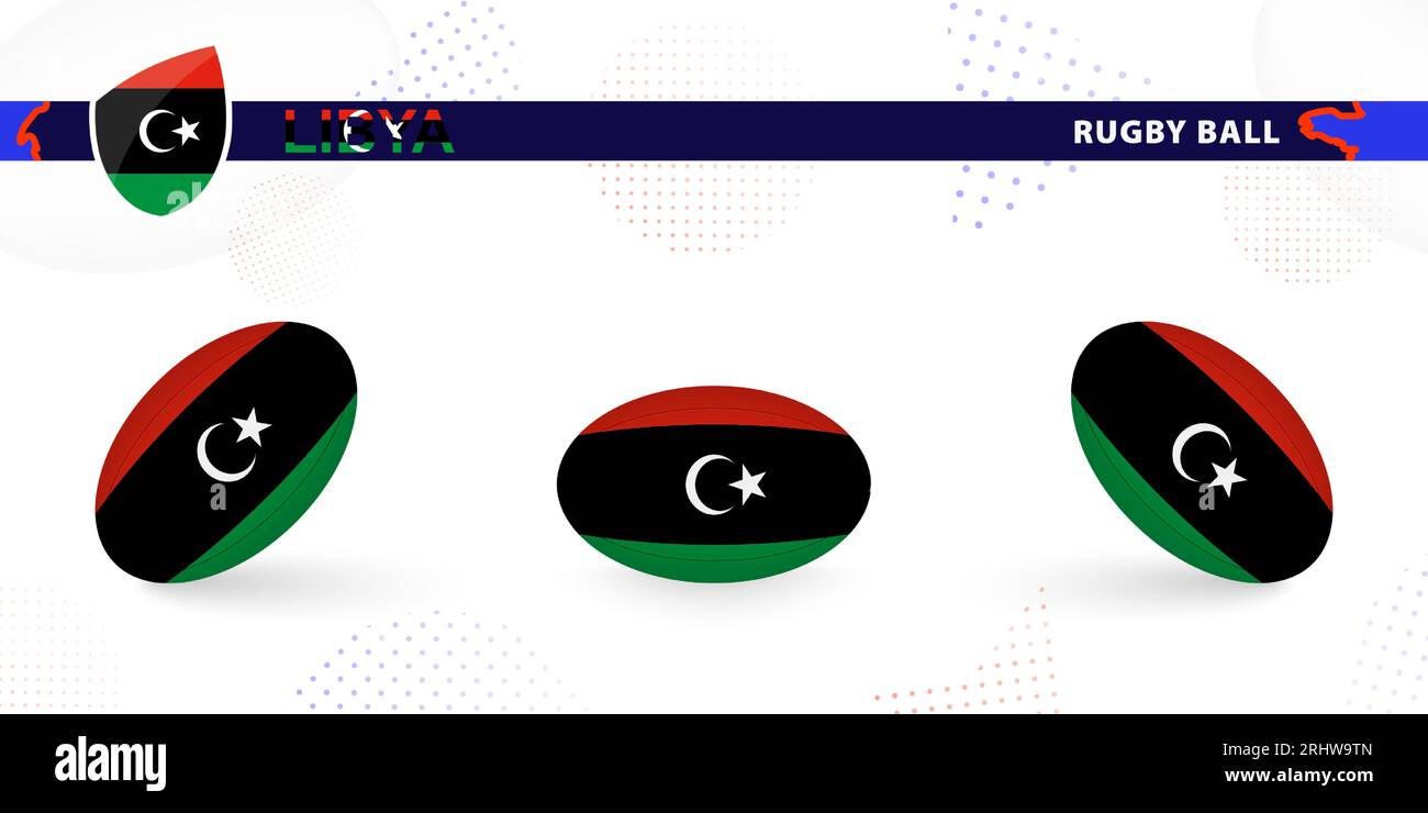 Rugby ball set with the flag of Libya in various angles on abstract background. Rugby vector ...