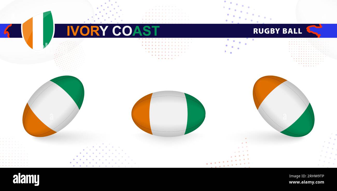 Rugby ball set with the flag of Ivory Coast in various angles on ...