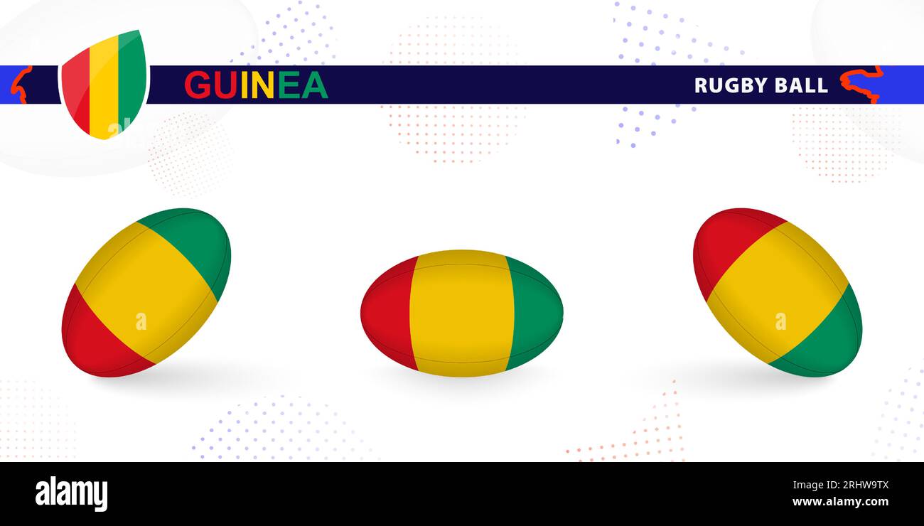 Rugby ball set with the flag of Guinea in various angles on abstract ...