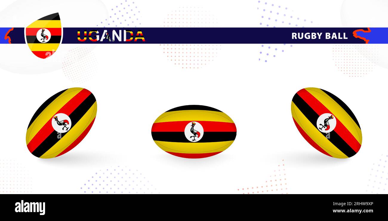 Rugby ball set with the flag of Uganda in various angles on abstract ...