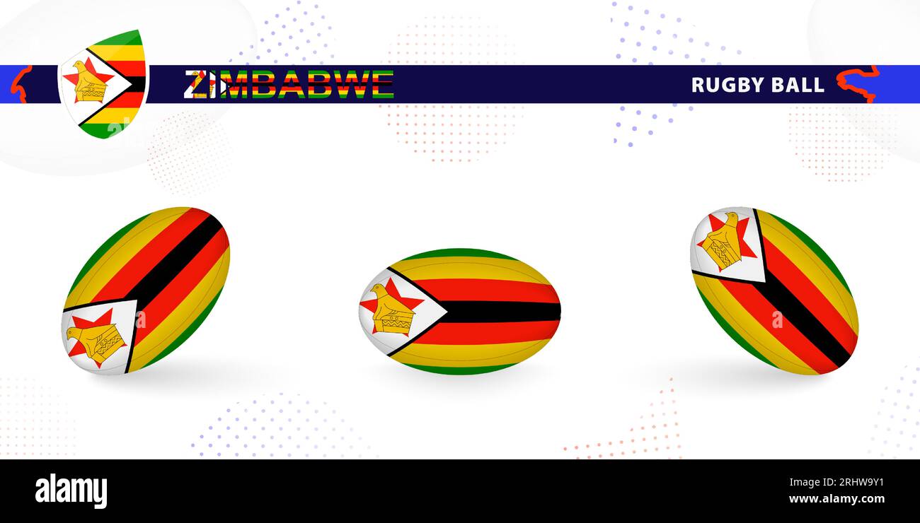 Rugby ball set with the flag of Zimbabwe in various angles on abstract ...