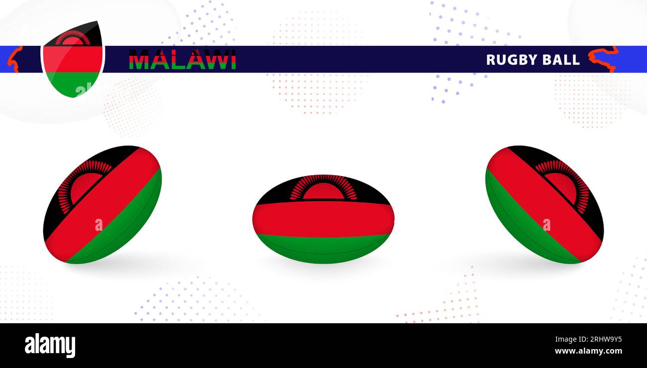 Rugby ball set with the flag of Malawi in various angles on abstract ...
