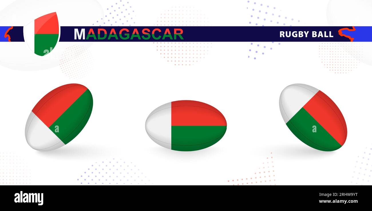 Rugby ball set with the flag of Madagascar in various angles on ...