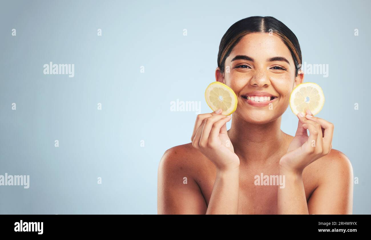Lemon, skincare and woman portrait in studio for vitamin C, wellness or ...
