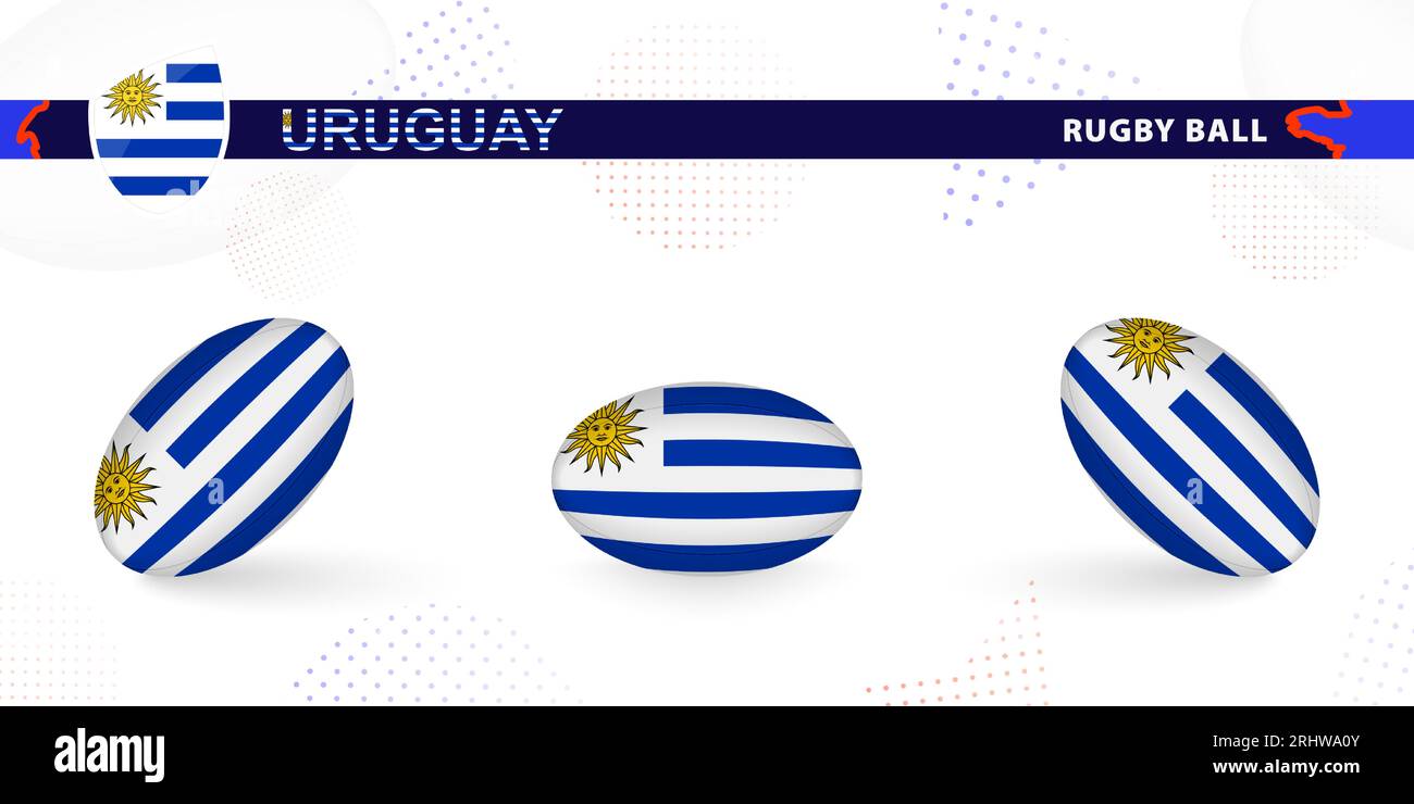 Rugby ball set with the flag of Uruguay in various angles on abstract ...