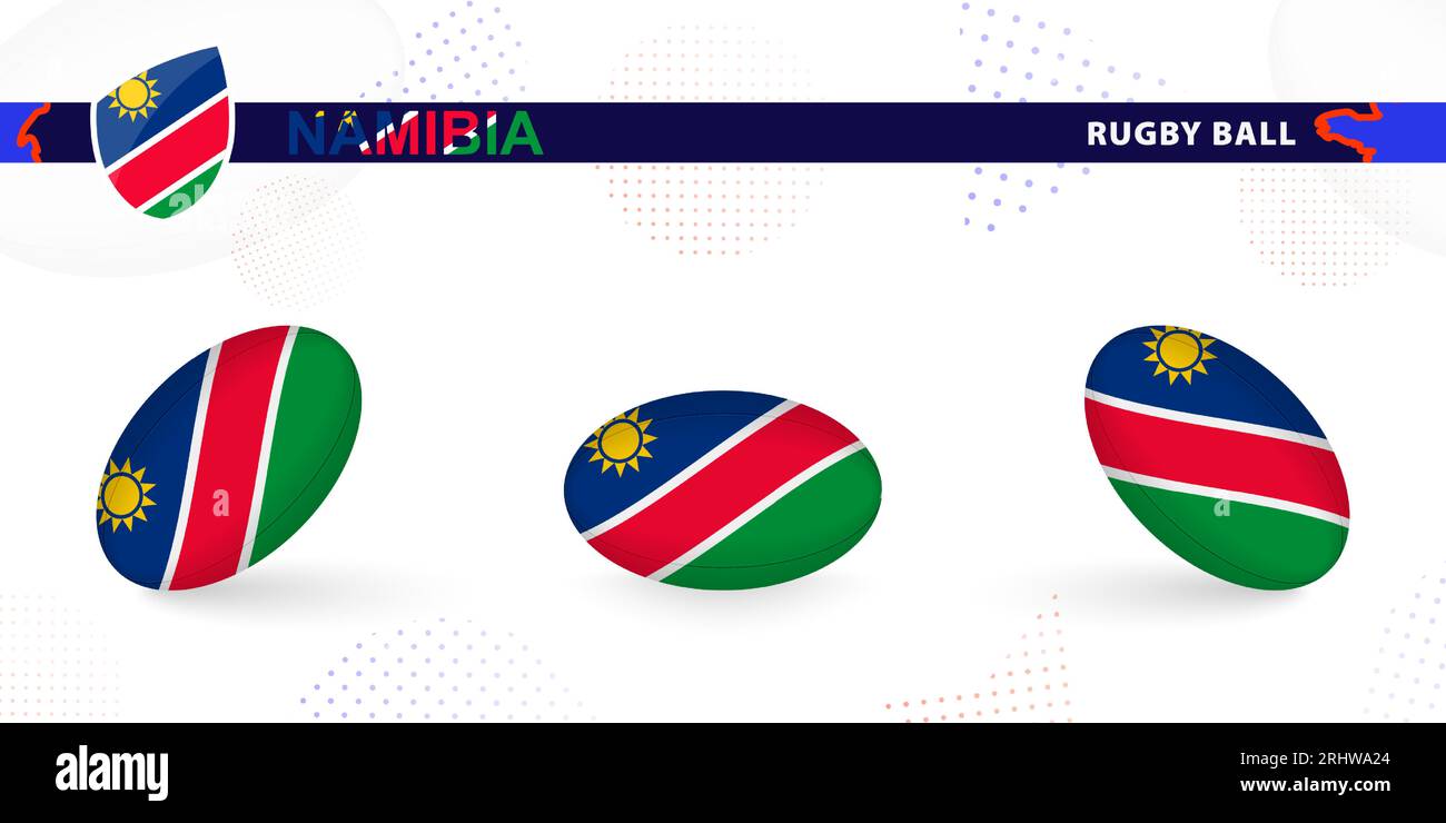 Rugby ball set with the flag of Namibia in various angles on abstract ...