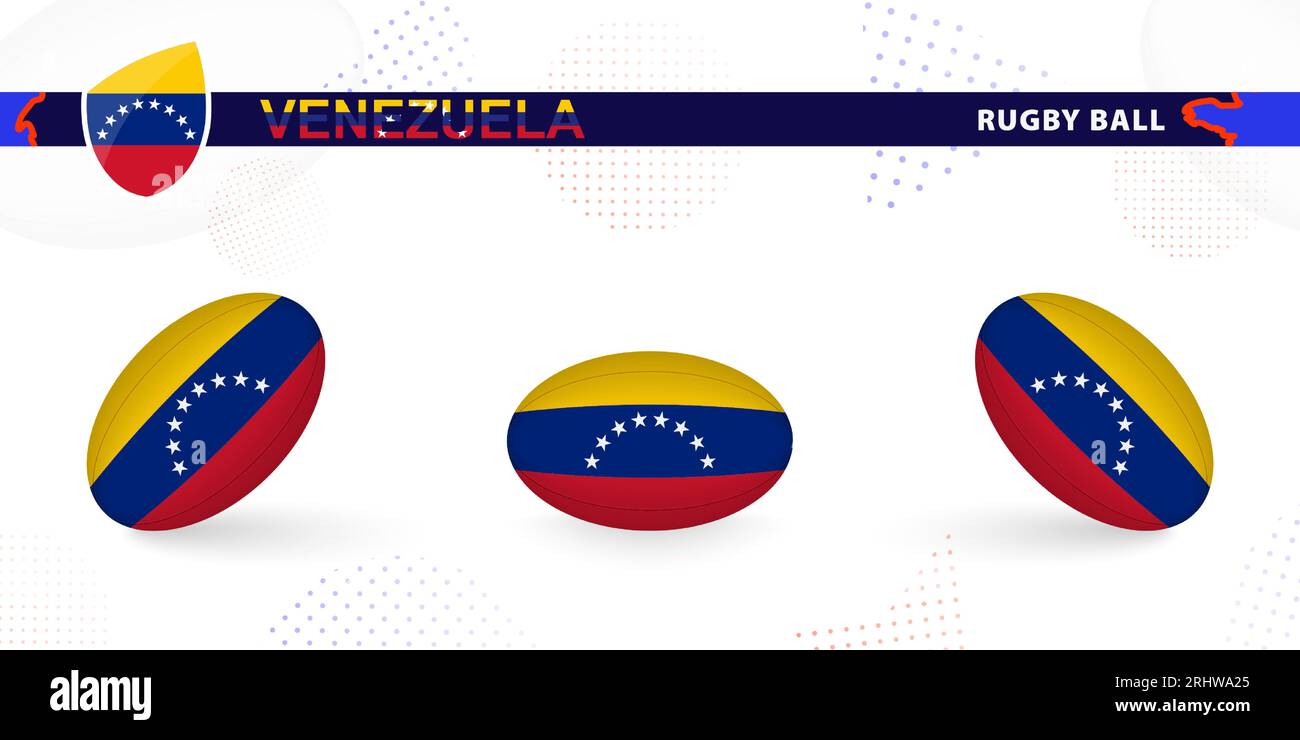 Rugby ball set with the flag of Venezuela in various angles on abstract ...