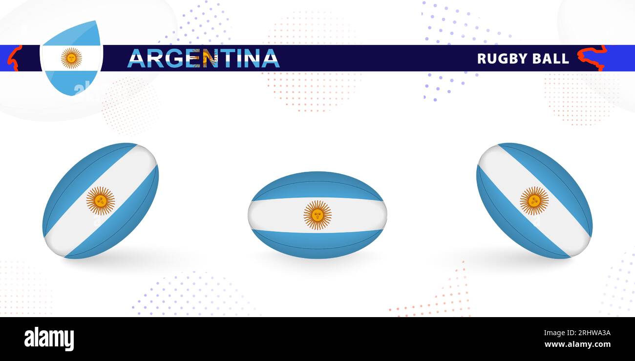 Rugby ball set with the flag of Argentina in various angles on abstract ...