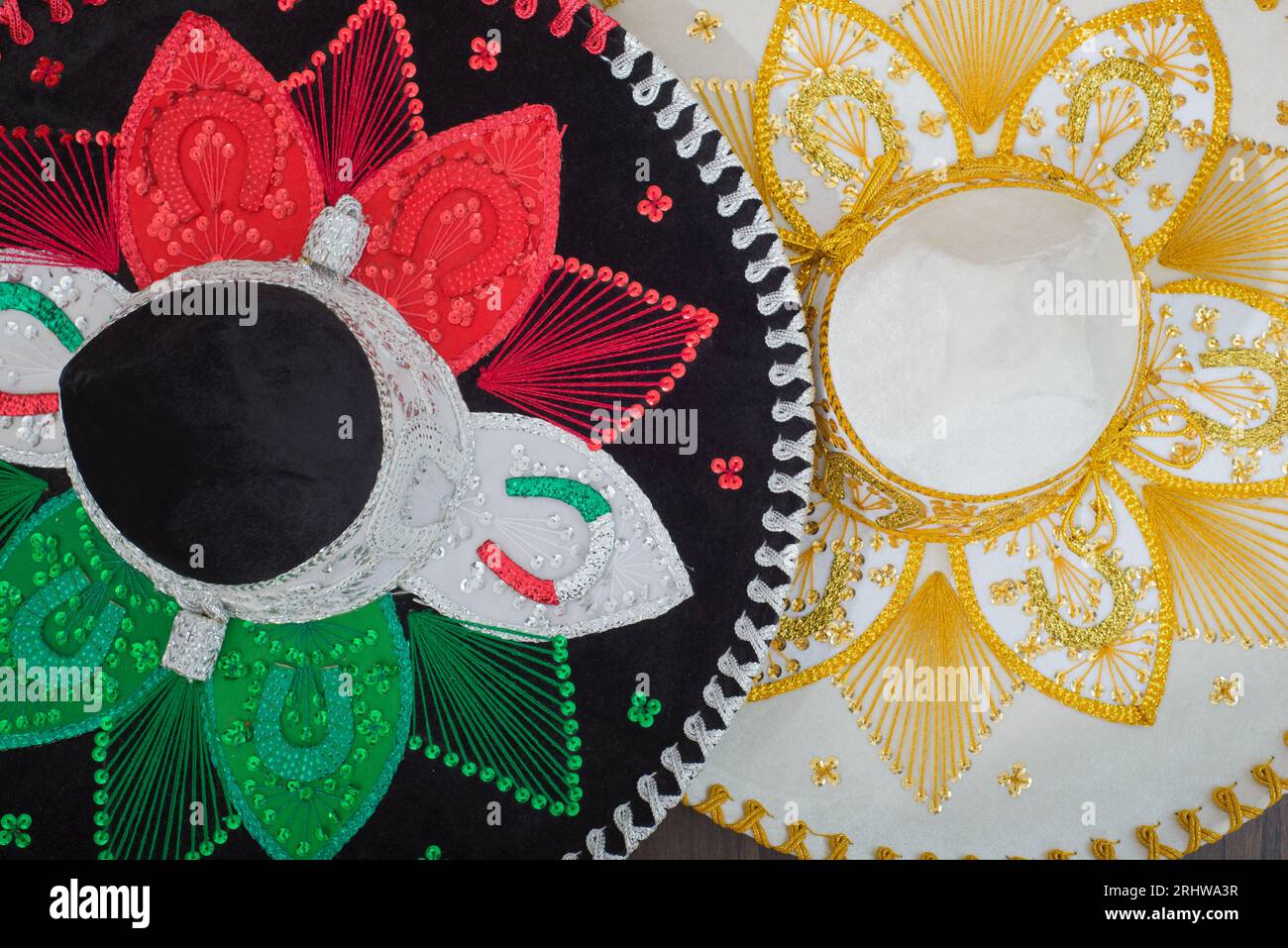 Mexican charro hats on wooden table. Mariachi hats. Typical mexican ...