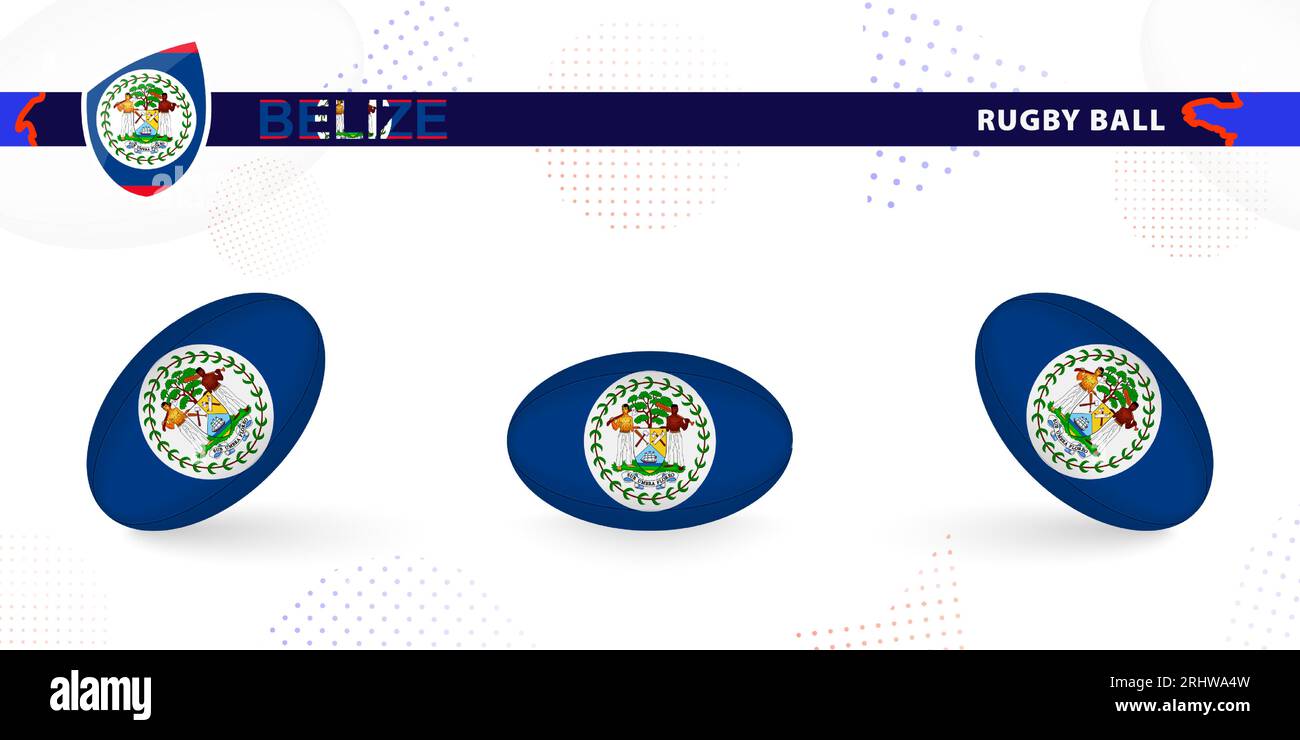 Rugby ball set with the flag of Belize in various angles on abstract ...