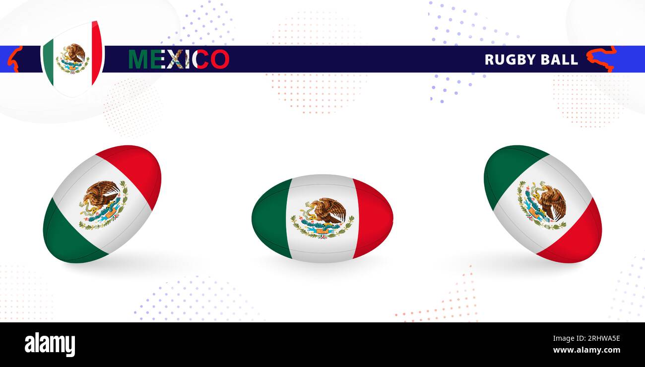 Rugby ball set with the flag of Mexico in various angles on abstract ...
