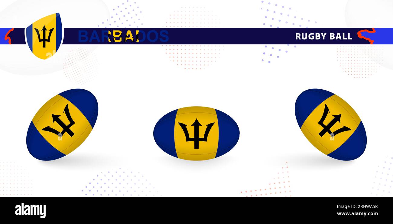 Rugby ball set with the flag of Barbados in various angles on abstract ...