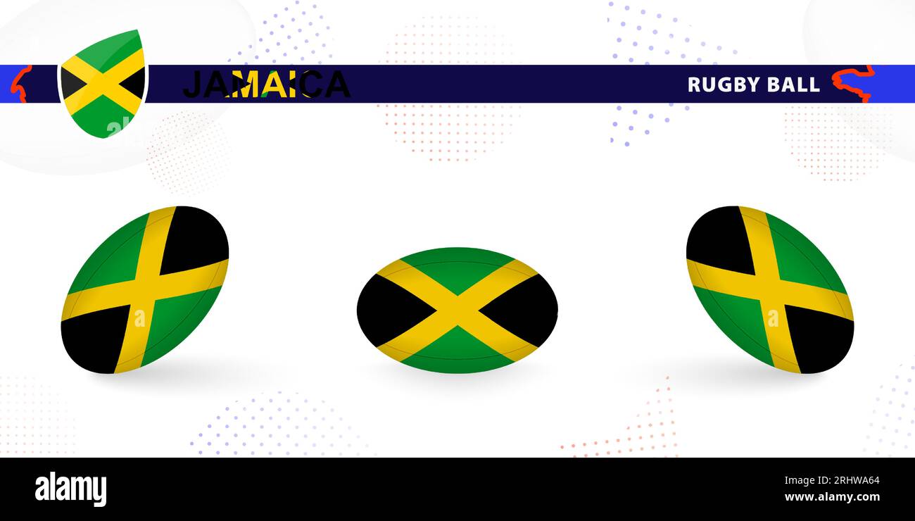 Rugby ball set with the flag of Jamaica in various angles on abstract ...