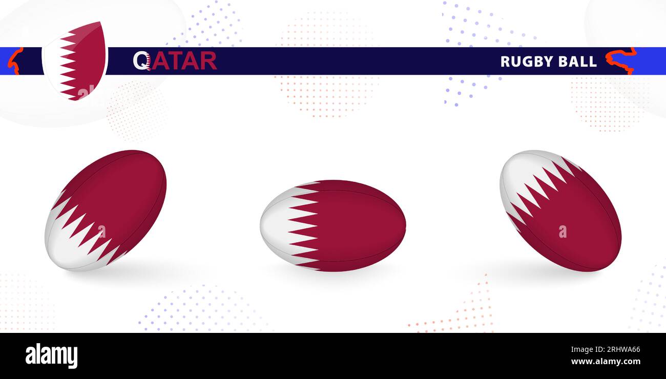 Rugby ball set with the flag of Qatar in various angles on abstract ...