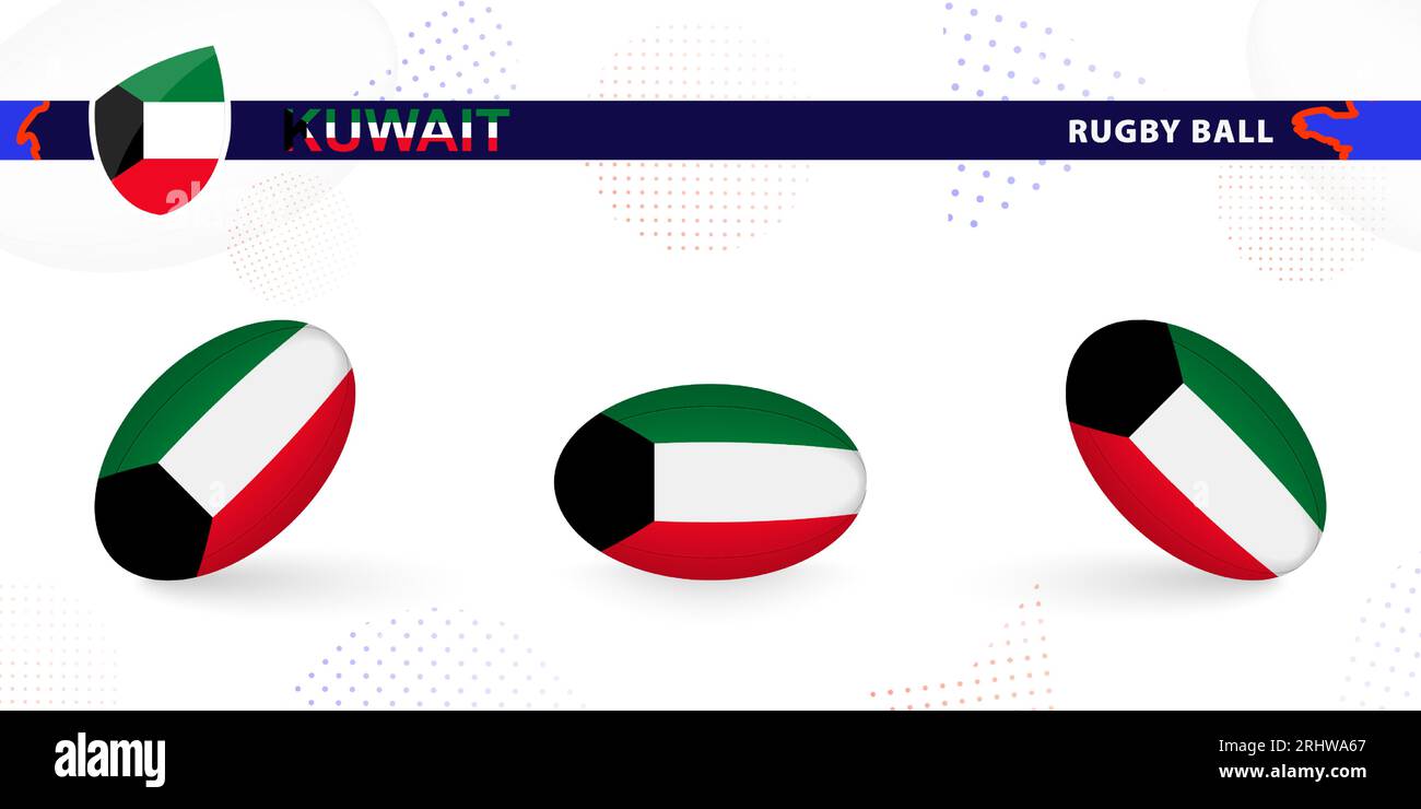 Rugby ball set with the flag of Kuwait in various angles on abstract ...