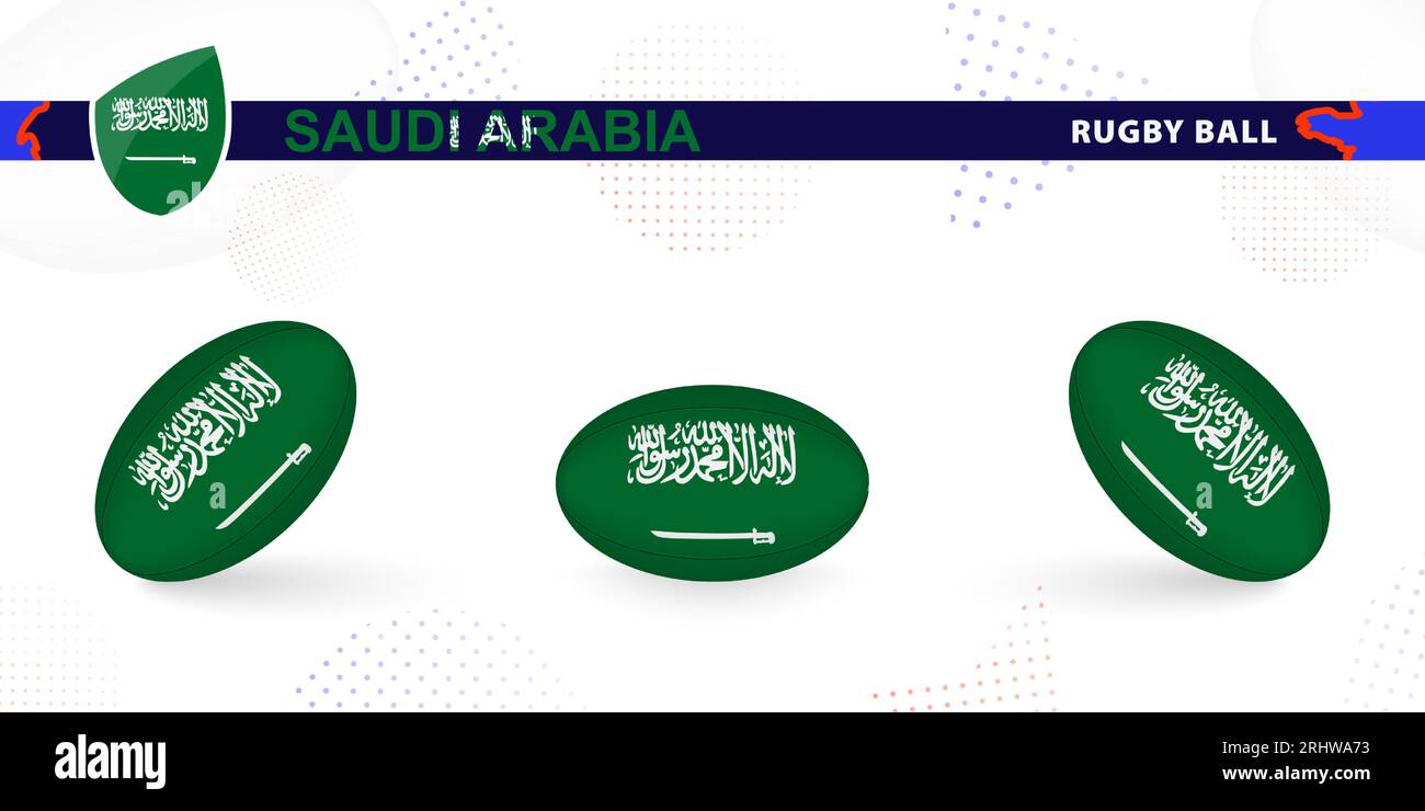 Rugby ball set with the flag of Saudi Arabia in various angles on ...