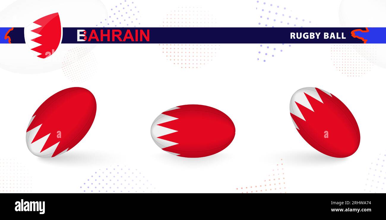 Rugby ball set with the flag of Bahrain in various angles on abstract ...