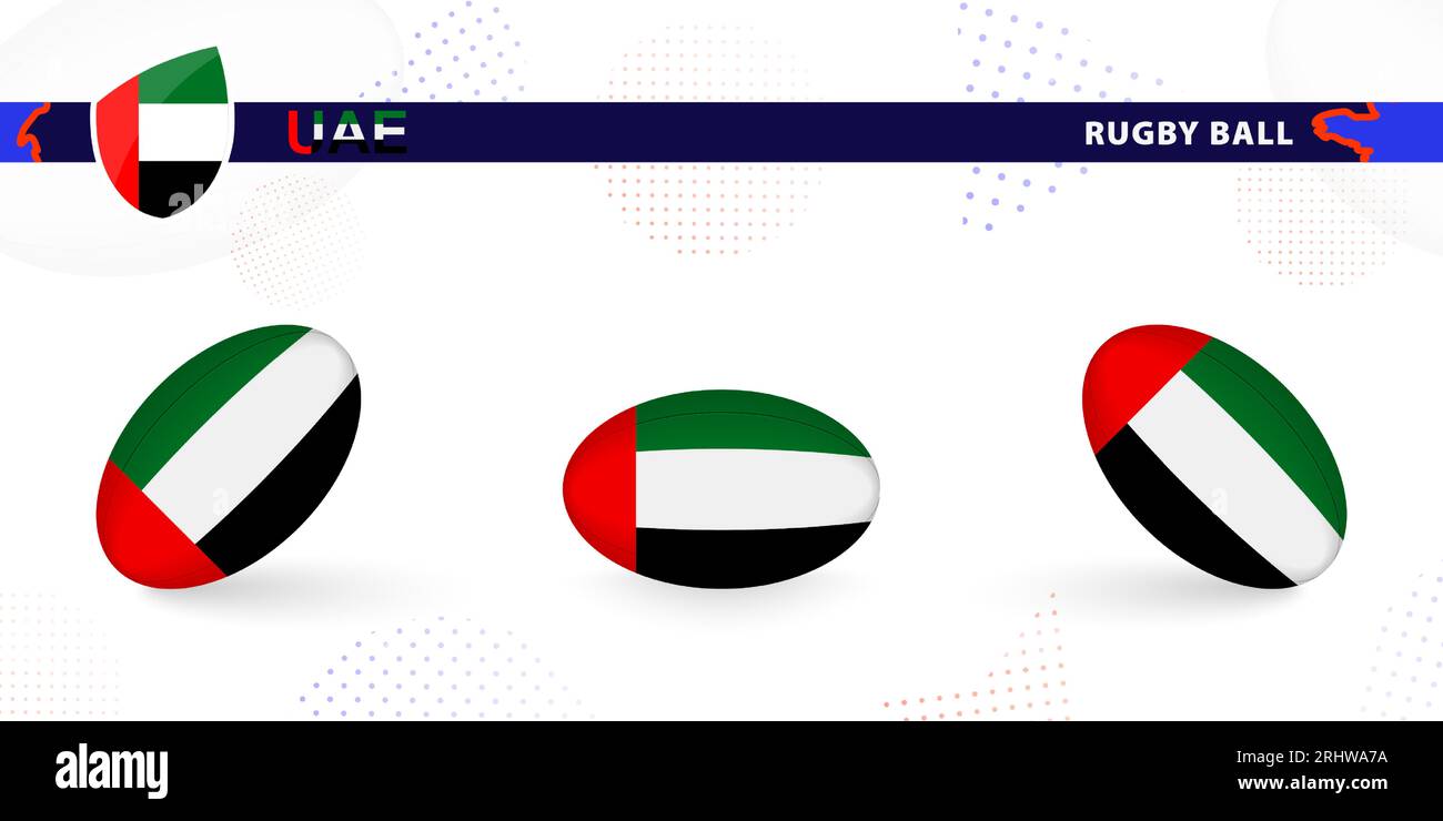 Rugby ball set with the flag of United Arab Emirates in various angles ...