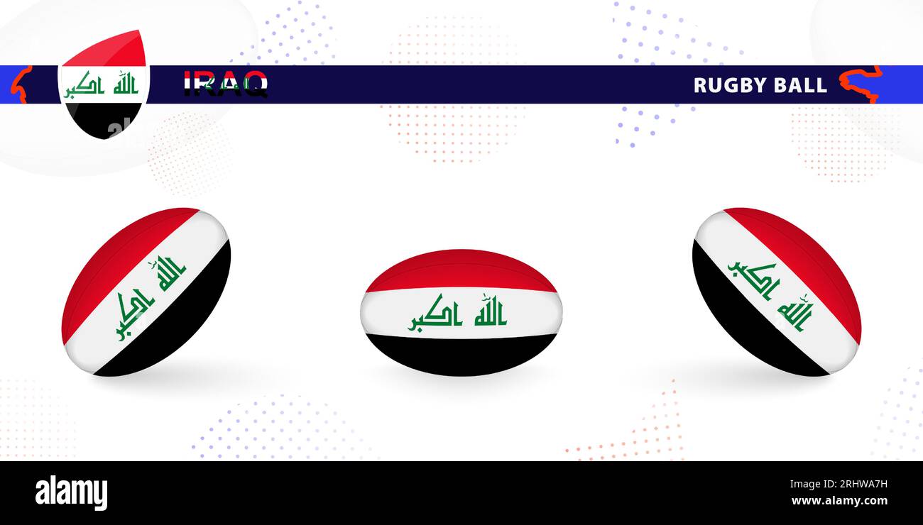 Rugby ball set with the flag of Iraq in various angles on abstract ...
