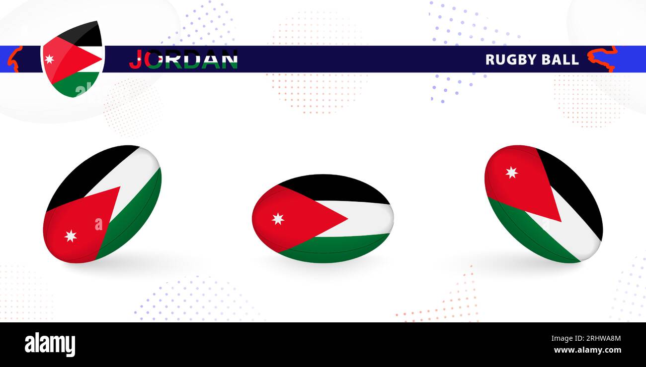 Rugby ball set with the flag of Jordan in various angles on abstract ...