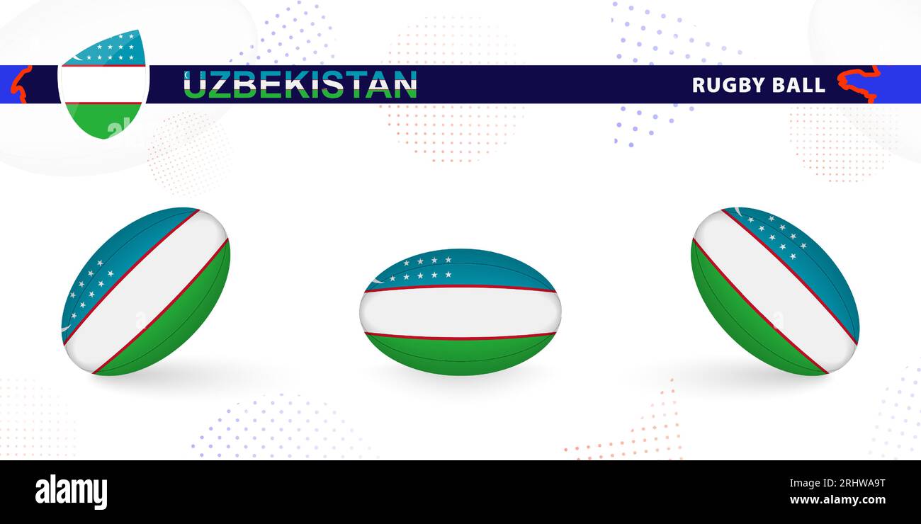 Rugby ball set with the flag of Uzbekistan in various angles on ...
