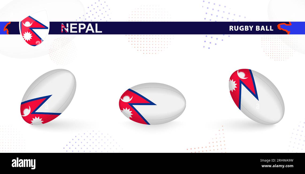 Rugby ball set with the flag of Nepal in various angles on abstract ...