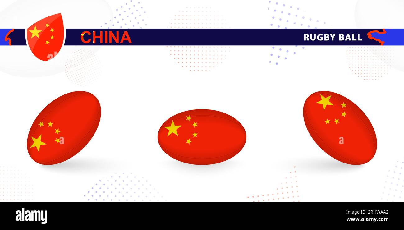 Rugby ball set with the flag of China in various angles on abstract ...