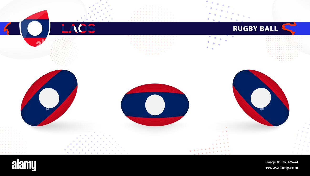 Rugby ball set with the flag of Laos in various angles on abstract ...