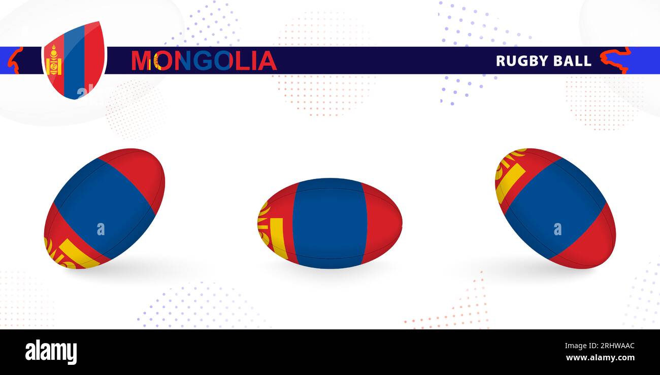 Rugby ball set with the flag of Mongolia in various angles on abstract ...