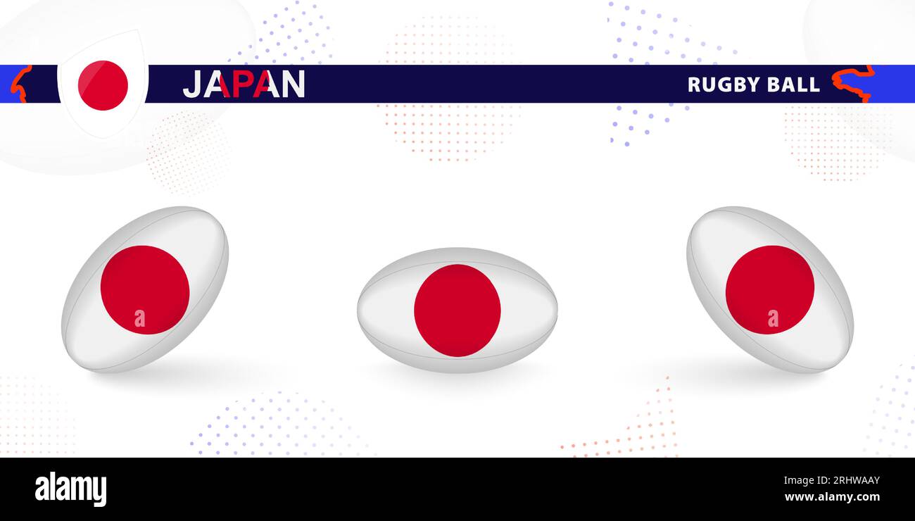 Rugby ball set with the flag of Japan in various angles on abstract ...