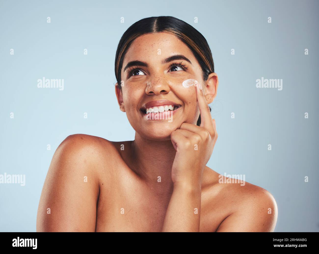 Face, cosmetics cream and portrait of woman with aesthetic shine ...
