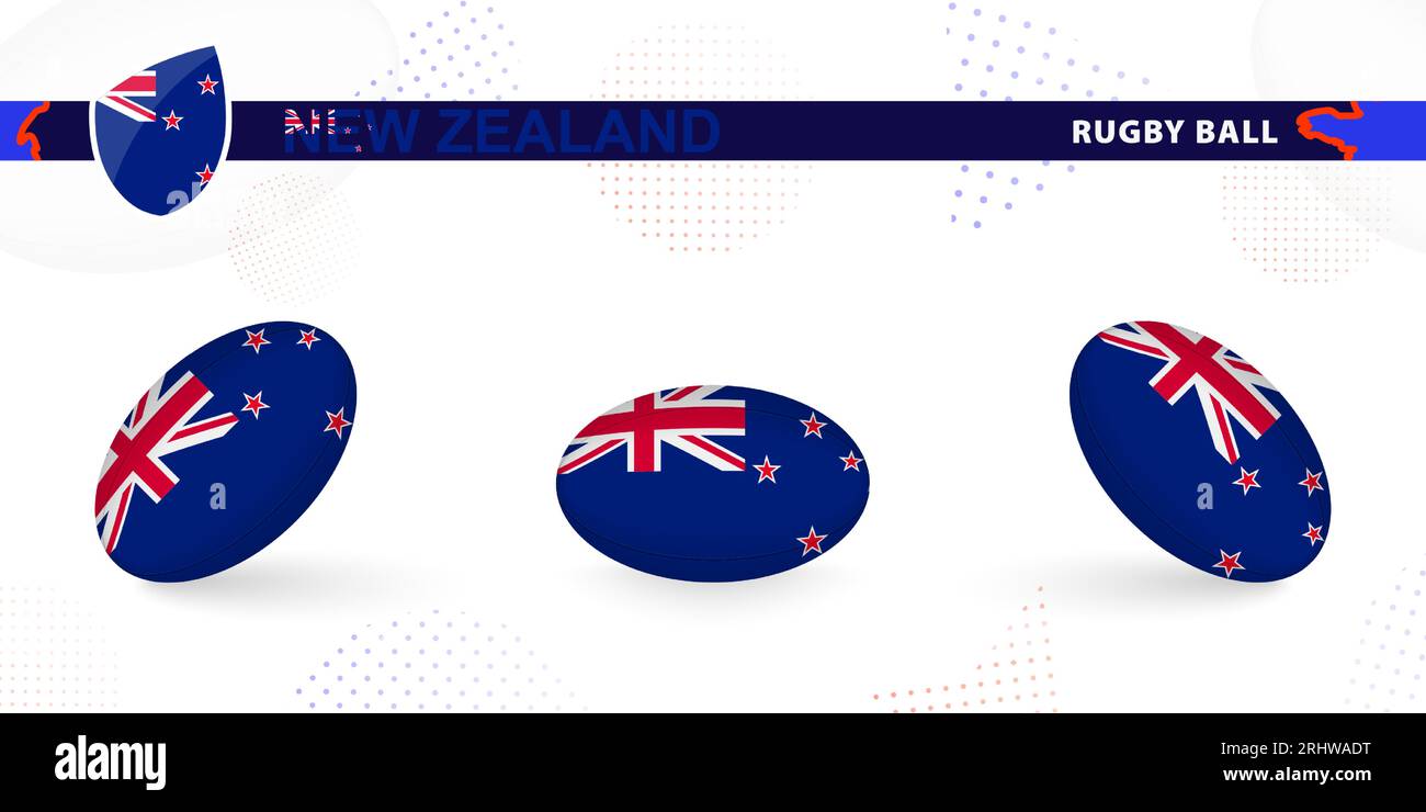 Rugby ball set with the flag of New Zealand in various angles on ...