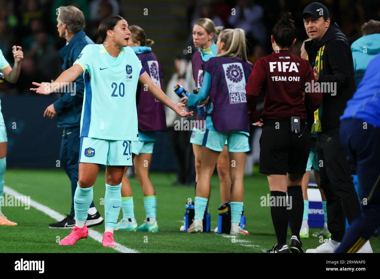 Australia's Sam Kerr, left, gestures to referee Cheryl Foster over a ...