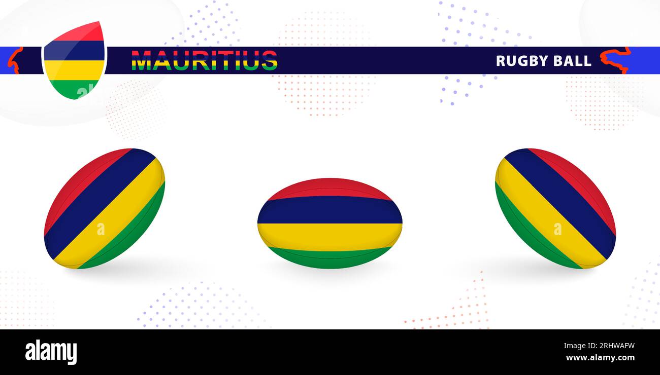 Rugby ball set with the flag of Mauritius in various angles on abstract ...