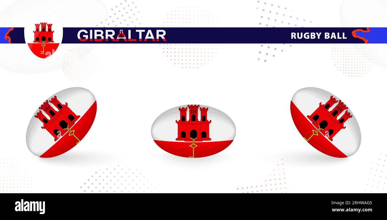 Rugby ball set with the flag of Gibraltar in various angles on abstract ...