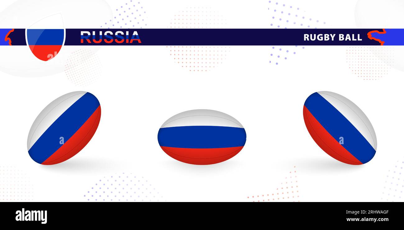 Rugby ball set with the flag of Russia in various angles on abstract ...