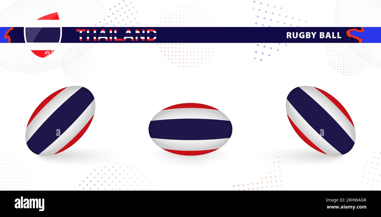 Rugby ball set with the flag of Thailand in various angles on abstract ...