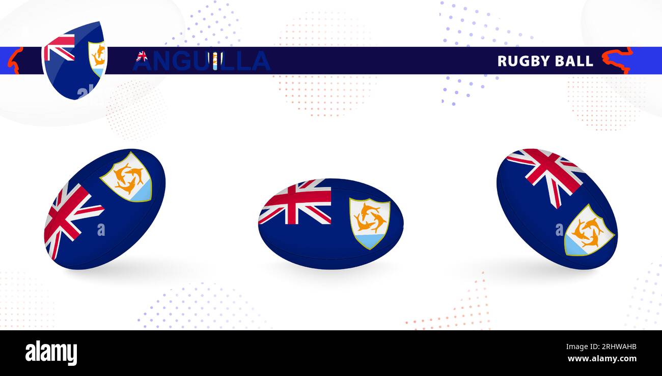 Rugby ball set with the flag of Anguilla in various angles on abstract ...
